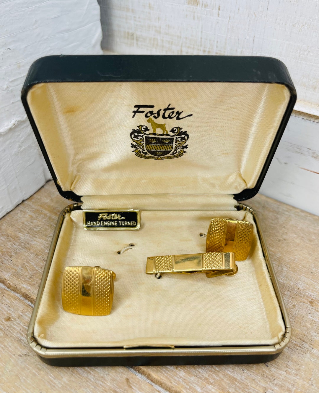 Vintage Foster Gold Tone Oval Cufflinks and Tie Clip, Vintage Gold Tone ...