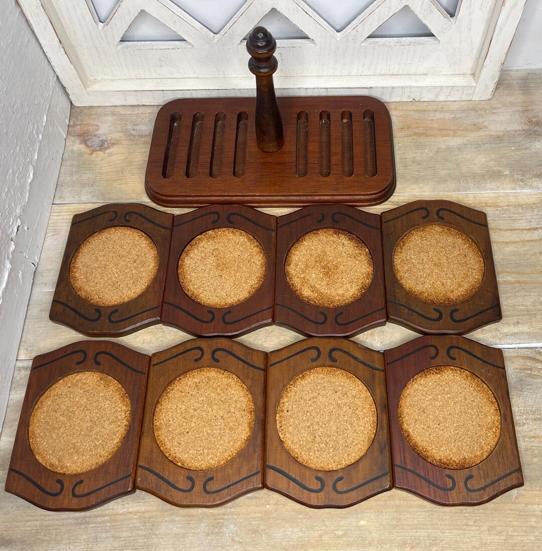 Retro Wooden and Cork Living Room Drink Coaster, Vintage Wooden Cold ...