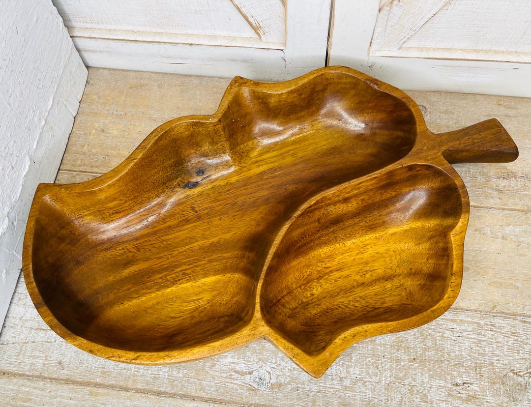 Vintage Wooden Leaf Shaped Divided Snack Bowl, Retro Wooden Appetizer ...
