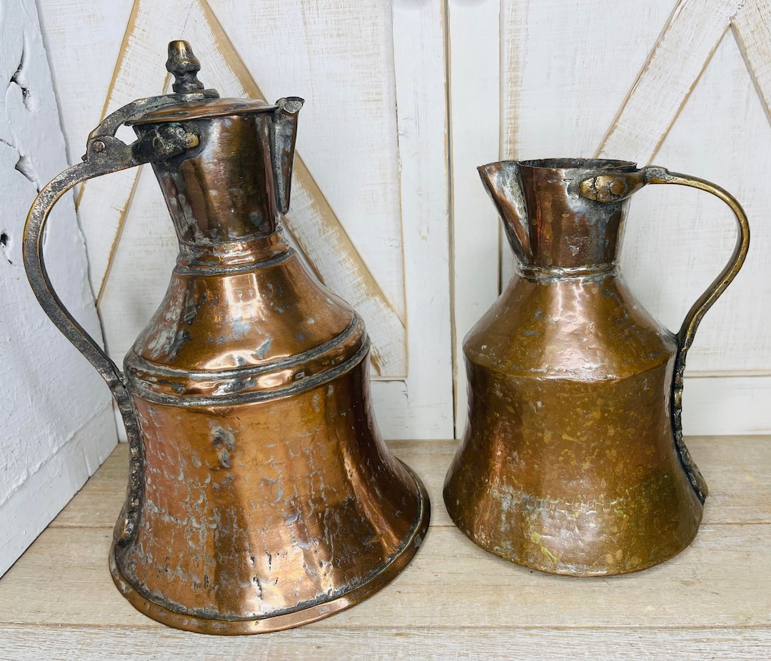 Primitive Copper Hand Pitcher, Vintage Solid Hammered Copper Pitchers ...