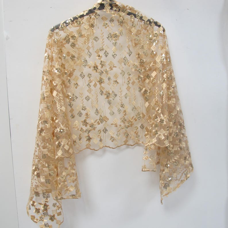 Gold Shawl Floral & Diamond Shape Gold Sequins Embroidered Lace Wrap ...