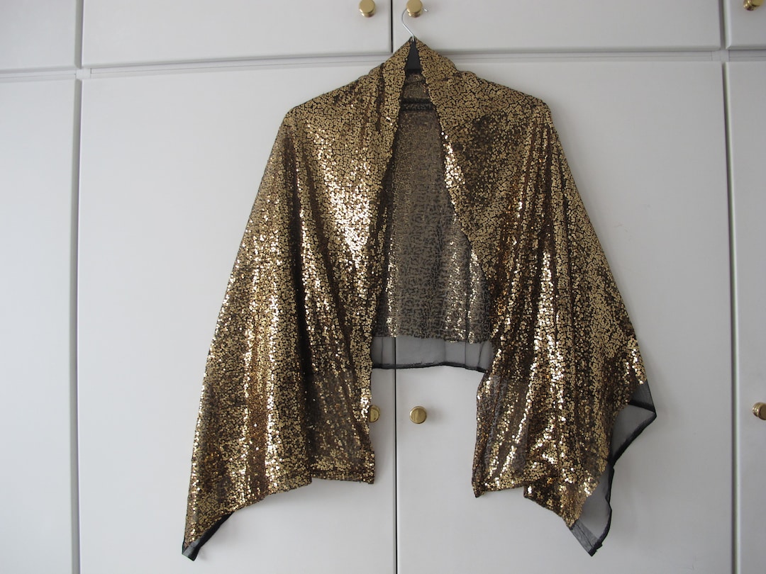 Gold Shawl Sequins on Black Net Wrap Scarf Wedding Party Prom Special ...