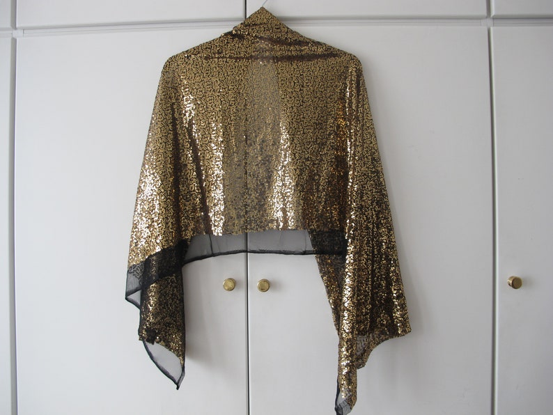 Gold Shawl Sequins on Black Net Wrap Scarf Wedding Party Prom Special ...