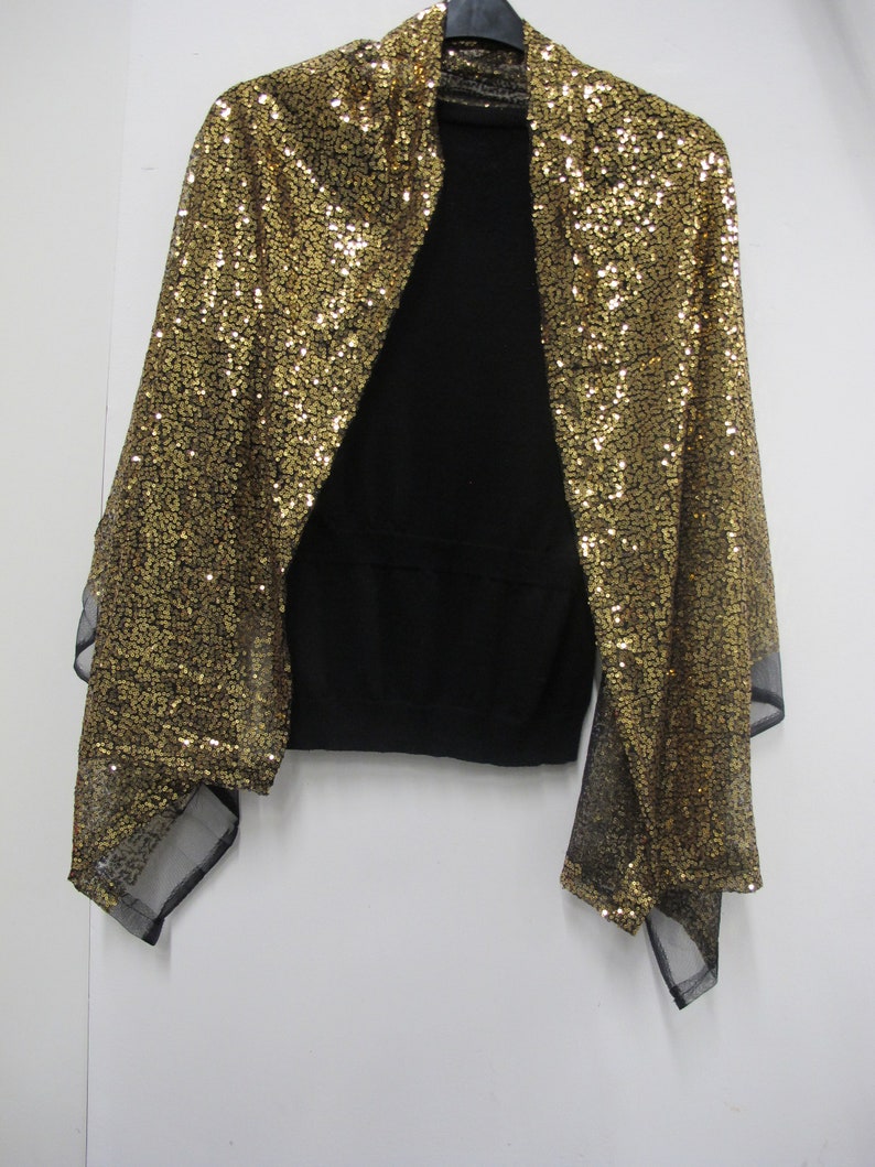 Gold Shawl Sequins on Black Net Wrap Scarf Wedding Party Prom Special ...