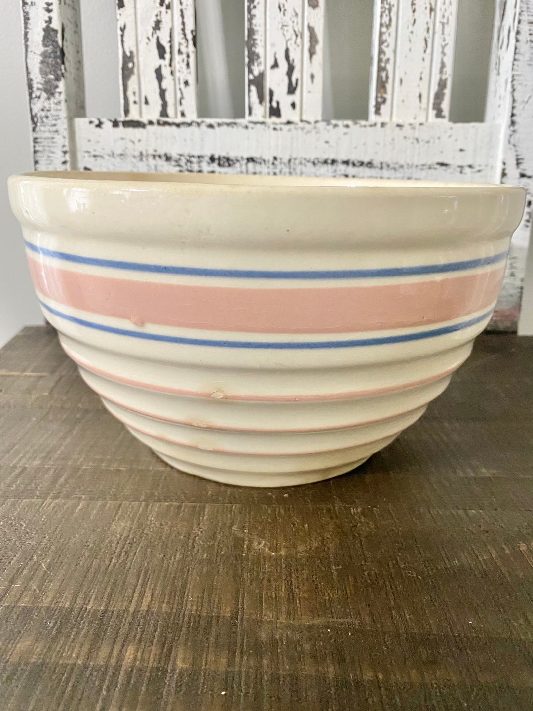 Antique Beehive Style Farm House 9” Bowl Pink Ribbed Trim - Etsy