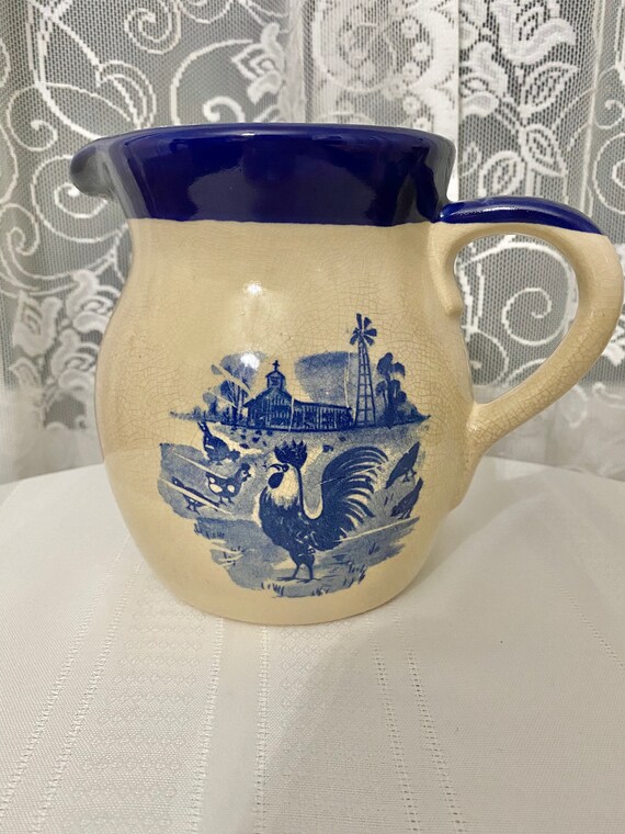 Vintage Pottery With Rooster Farm Scene Pitcher Cobalt & Cream - Etsy