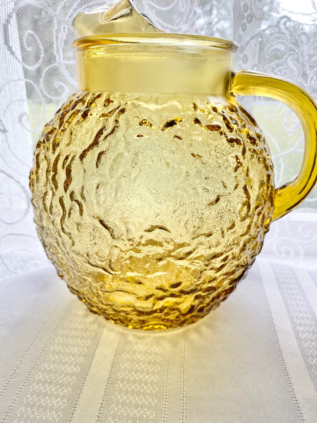 Retro Vintage Anchor Hocking Lido Milano Amber Honey Crinkle Pitcher
