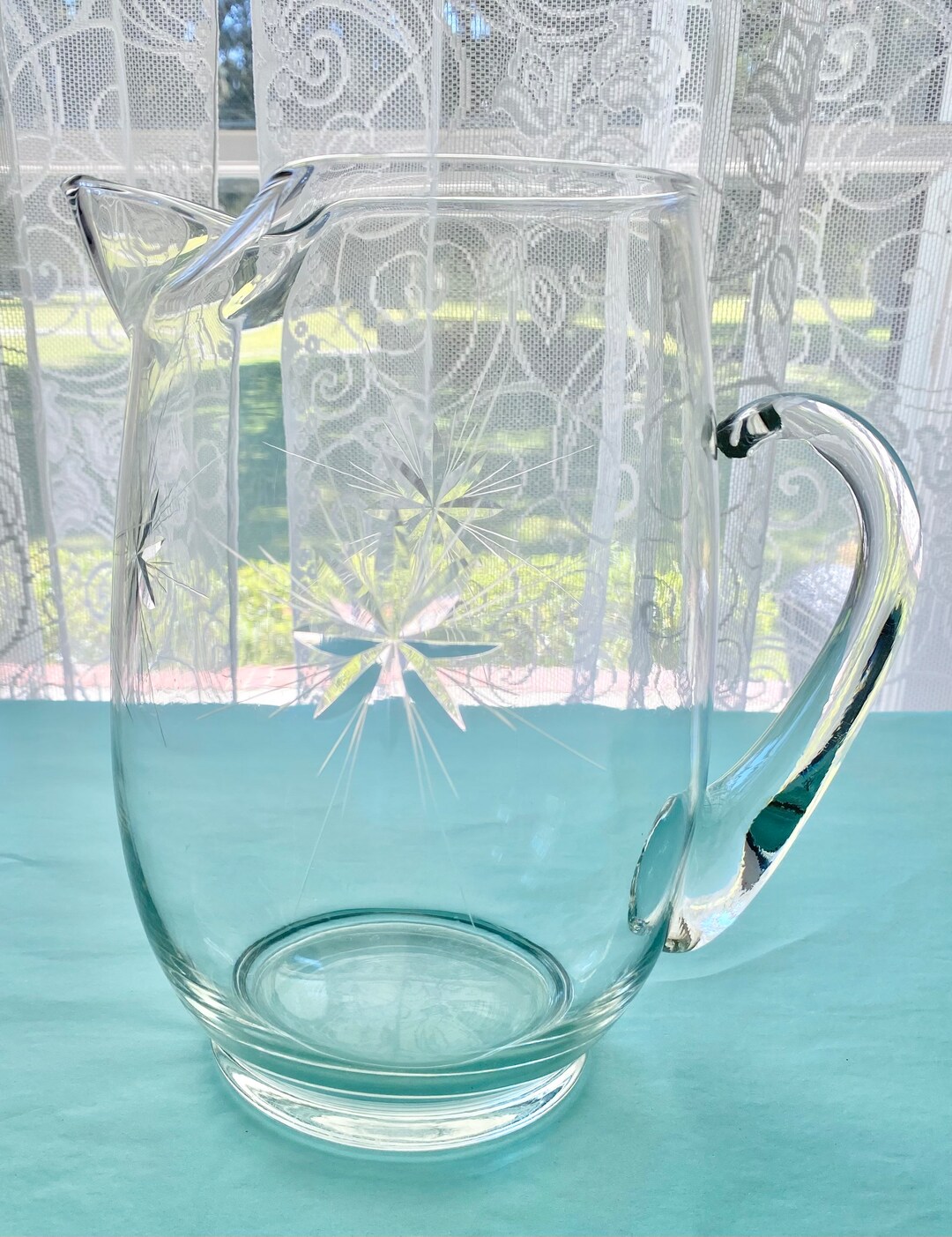 VTG Starburst Etched Clear Glass Pitcher - Etsy