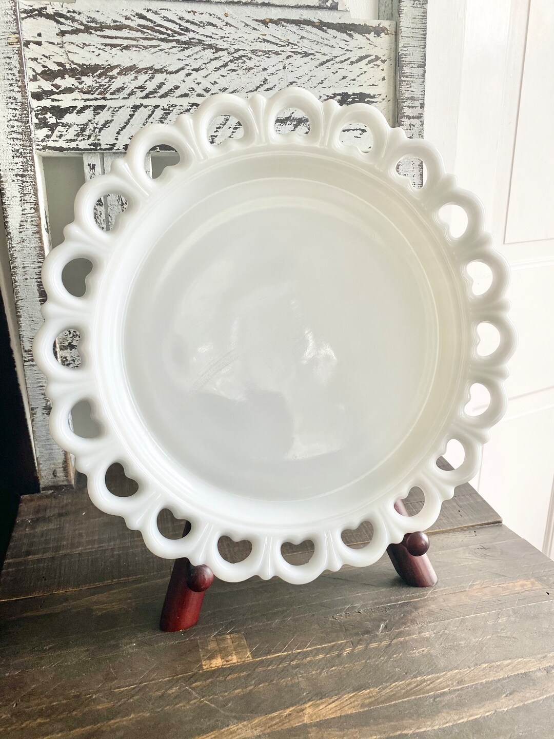 Vintage Milk Glass Open Lace / Open Heart Pattern Torte Plate Anchor ...