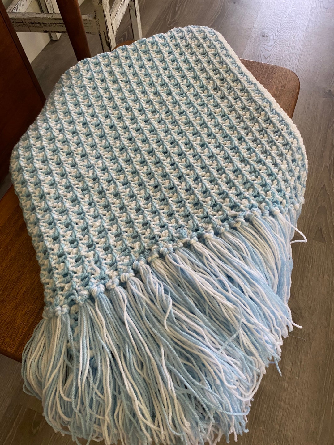 Beautiful Vintage Baby Afghan Pastel Blue & White Fringed - Etsy