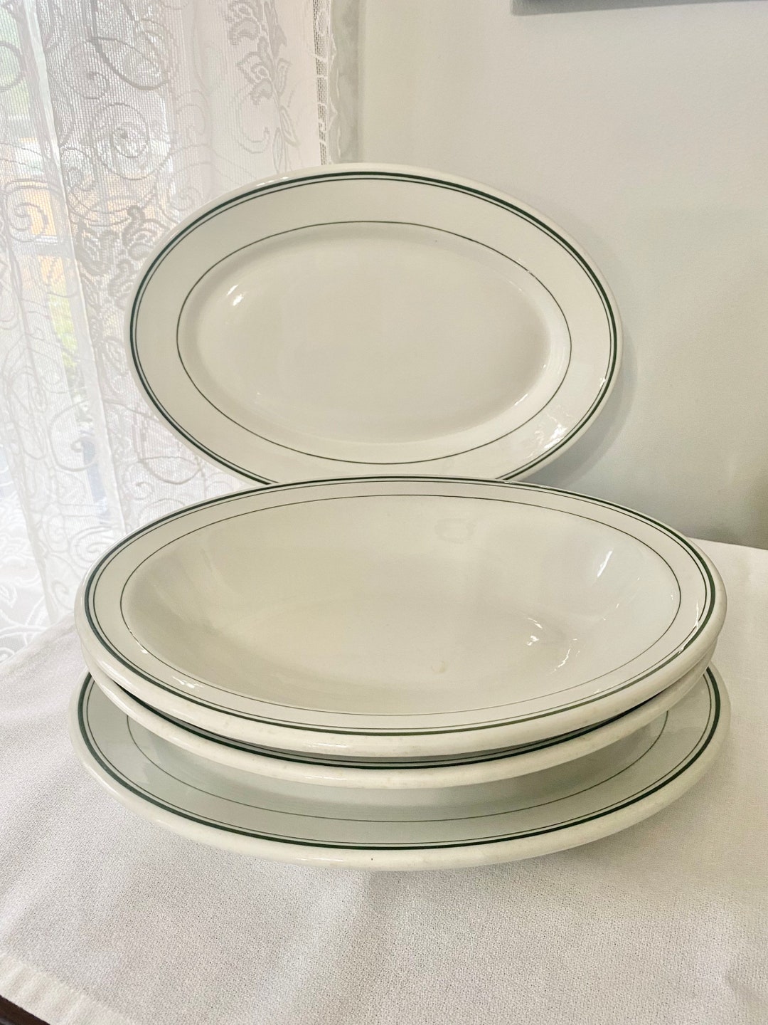 Vintage Heavy 4 Piece Green Striped Restaurant Ware Set / Mcnicol ...