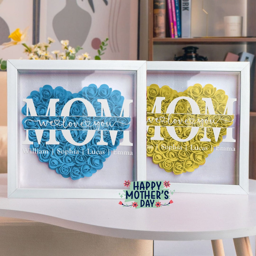 Flower Shadow Box Frame for Mom, Roses Shadow Box With Kids Name ...