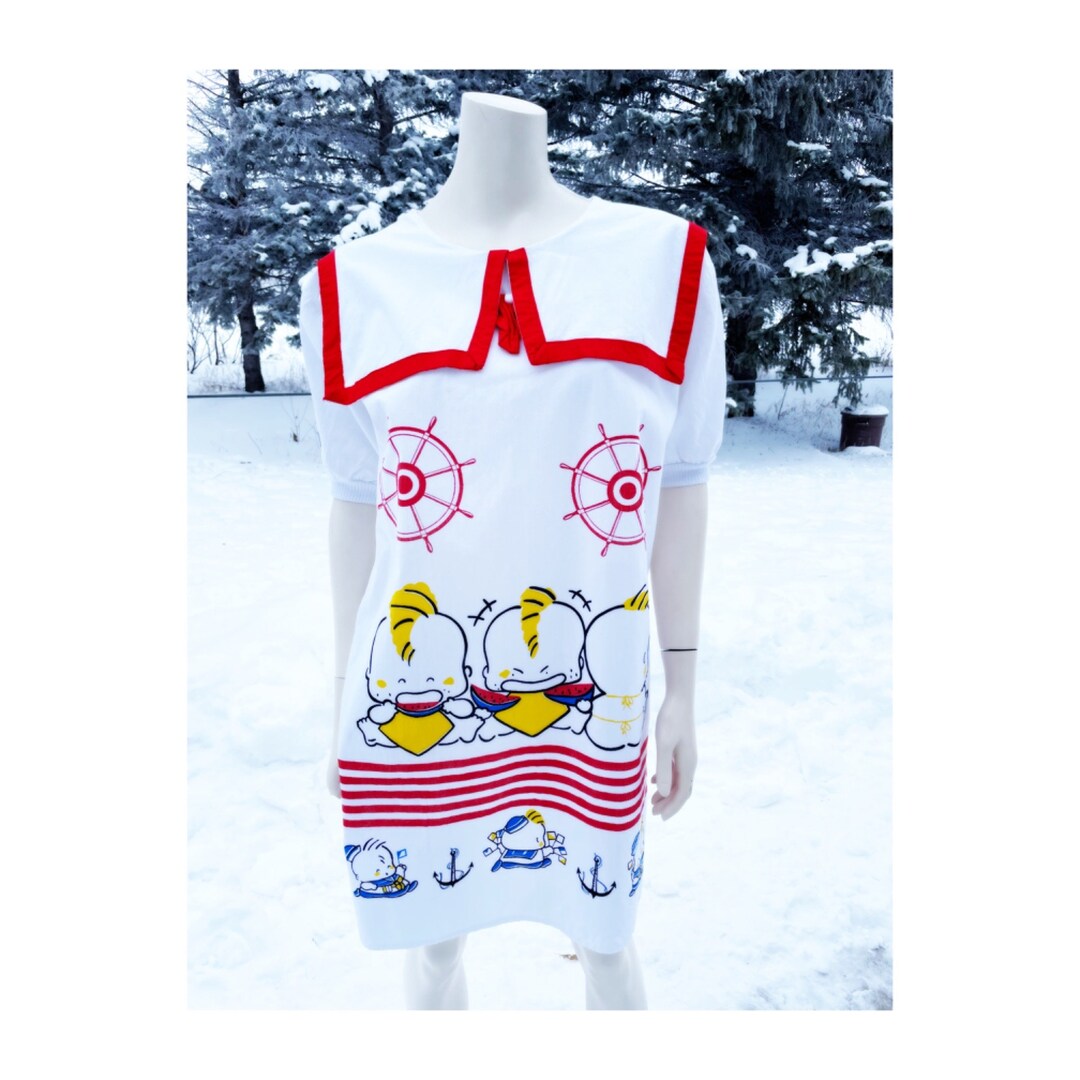 80s Nautical Shift Dress Hand Painted 100% Cotton White Red Sailor ...
