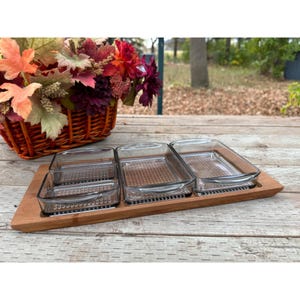 Luthje Vintage Serving Tray Teak Wood With Smoked Glass Dish Inserts ...