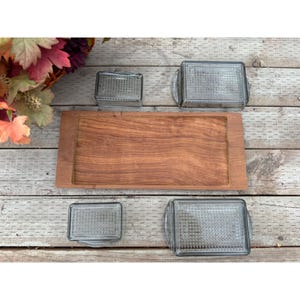 Luthje Vintage Serving Tray Teak Wood With Smoked Glass Dish Inserts ...