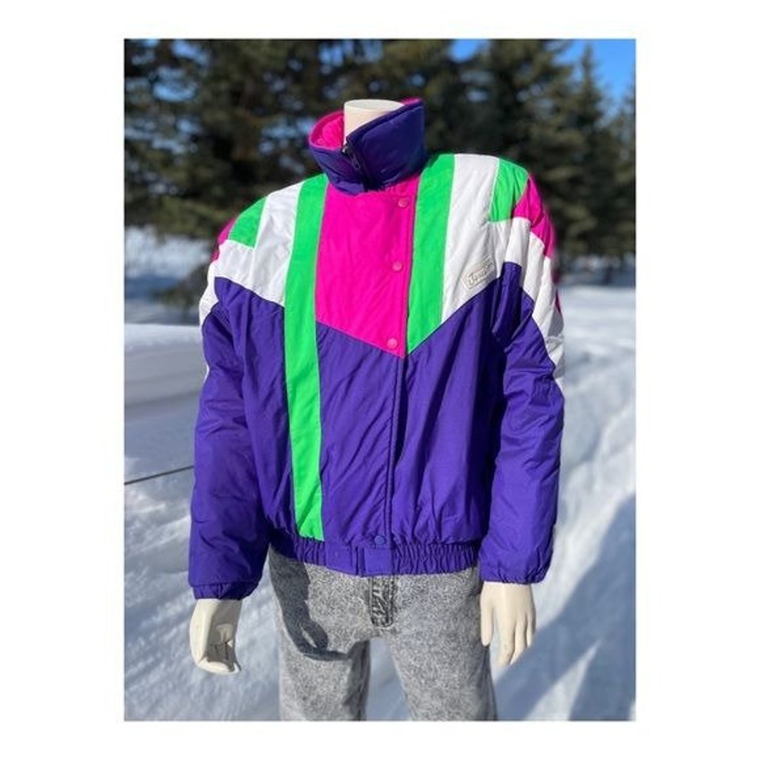 Vintage 80s Nylon Ski Parka Neon Color Block Pink Green Purple White Sz ...