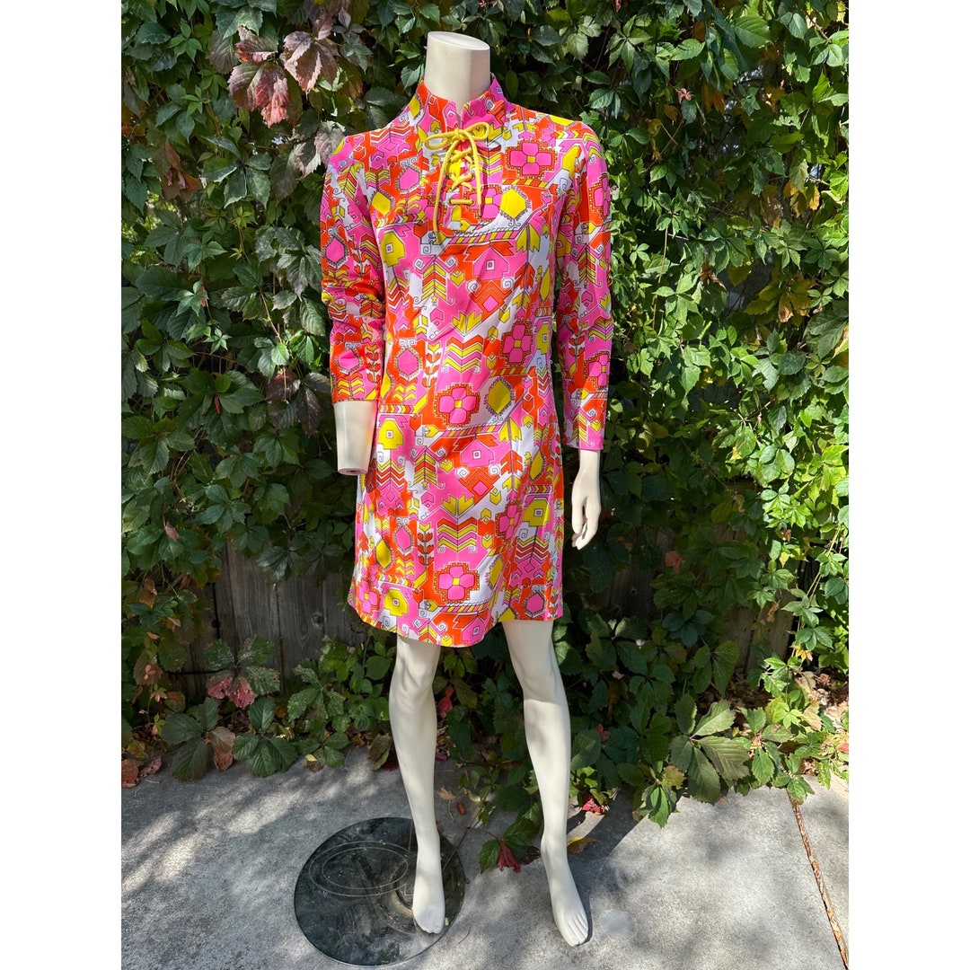 60s Teena Paige Go-go Mini Dress Neon Mod Nehru Collar Lace-up Day-glo ...