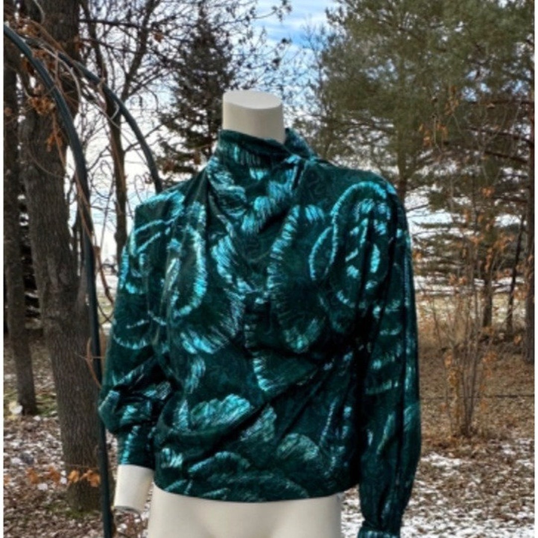 70s Bernard Cowan Liquid Satin Blouse Jacquard Print Green Metallic ...