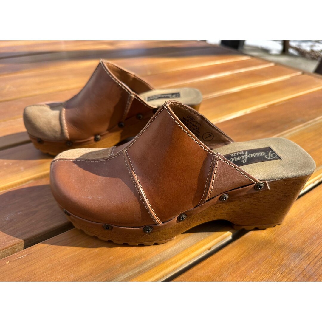 Vtg Passofino Brazil Platform Clogs Patchwork Leather Suede Chunky Wood ...