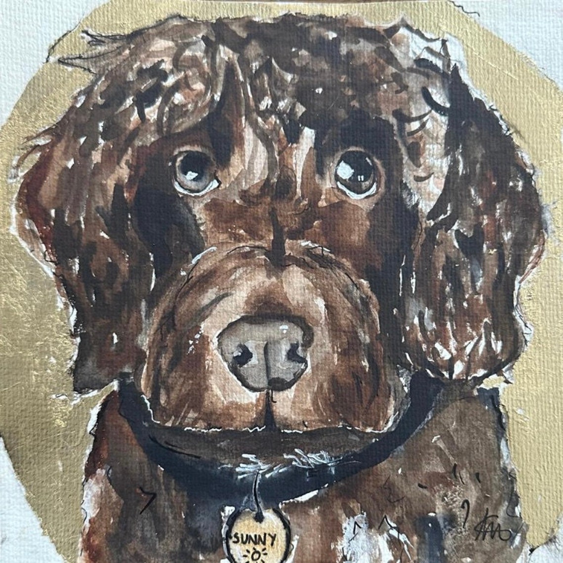 Custom Watercolour Gold Leaf Dog Portraits, 20x20 Cm, Hand Painted, Pet ...