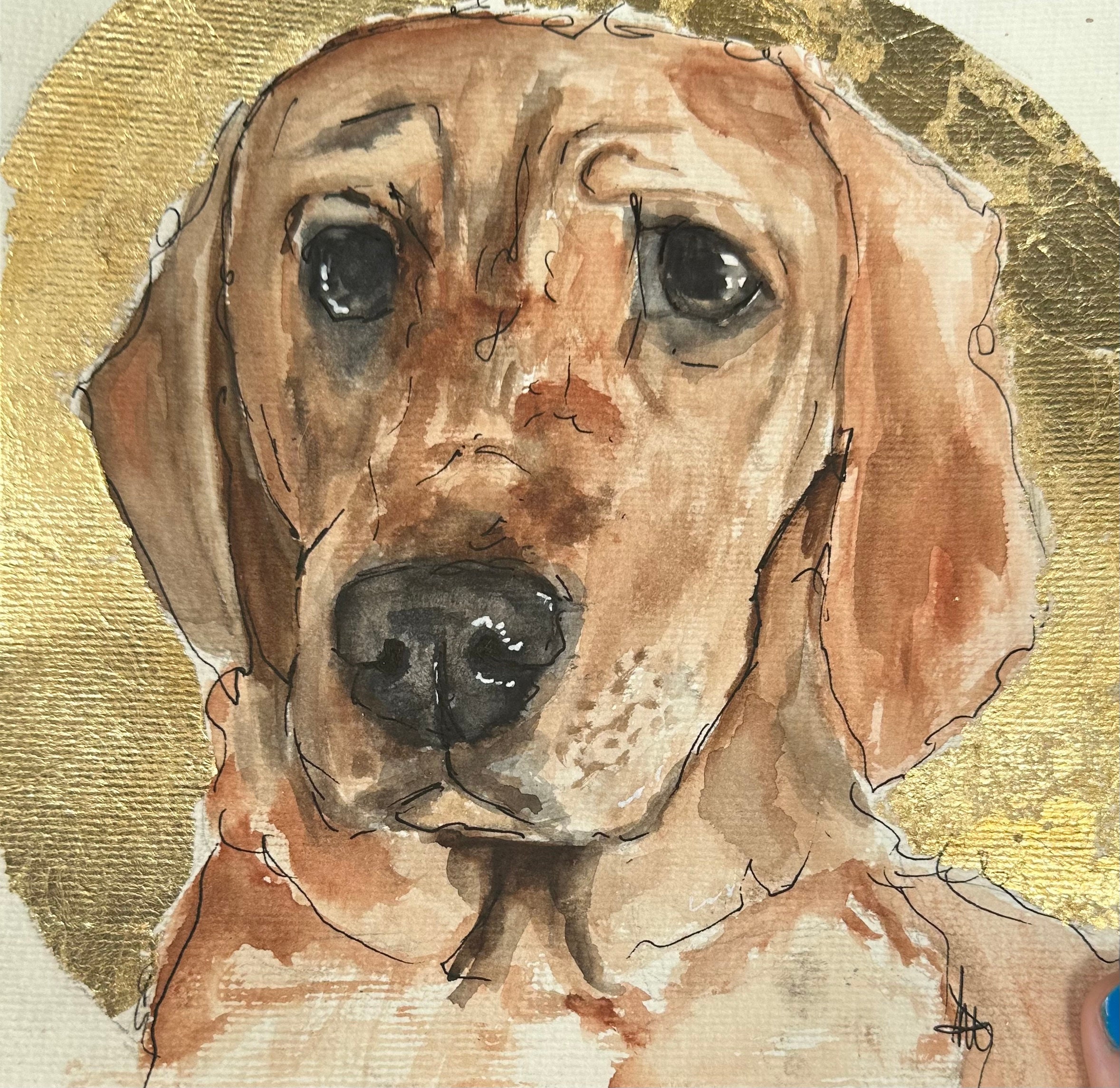 Custom Watercolour Gold Leaf Dog Portraits, 20x20 Cm, Hand Painted, Pet ...