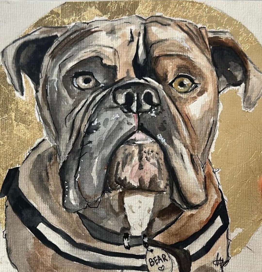 Custom Watercolour Gold Leaf Dog Portraits, 20x20 Cm, Hand Painted, Pet ...