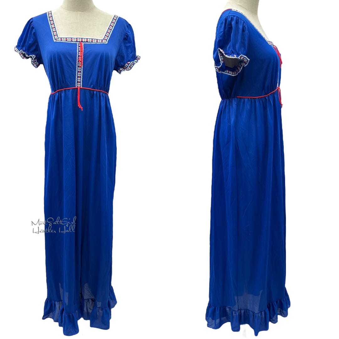 Vintage Lorraine Blue Boho Maxi Dress W/ Embroidered Trim & Ruffle Hem ...
