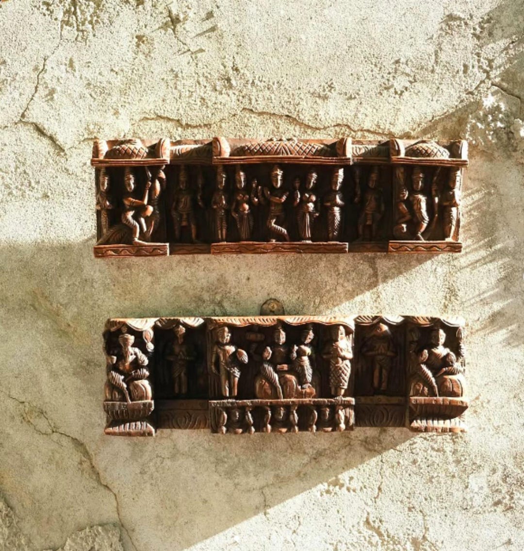Rustic Indian Wall Panel Set of 2| Traditional Carved Wood Figures ...