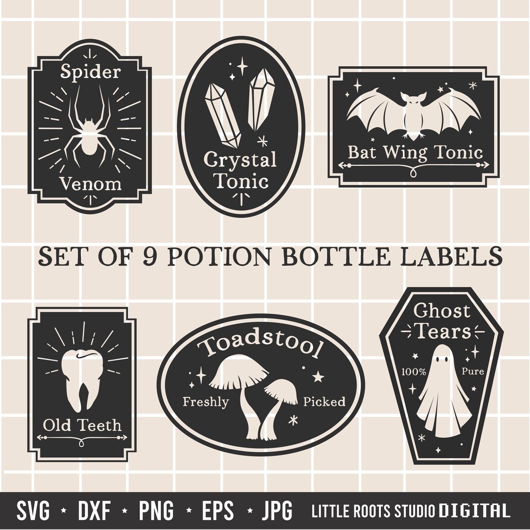 9 Potion Bottle Labels Bundle SVG / Potion Bottles Cut Files ...