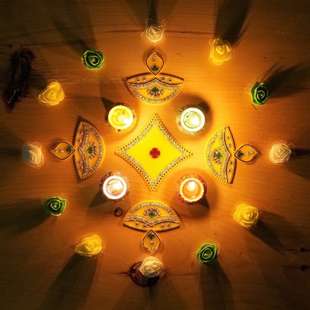 Yellow Diya Diwali Rangoli With 4 Pc Hand-painted Wax Diya & Flowers ...