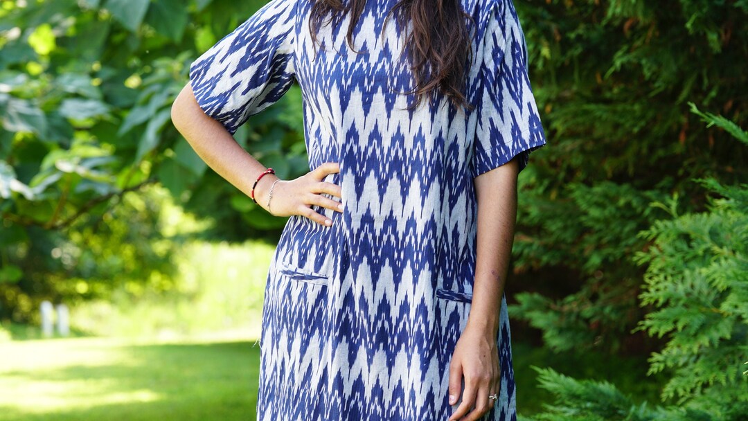 Ikat Cotton Loose Fitting Blue/yellow Dress handmade Dyed Organic Ikat ...