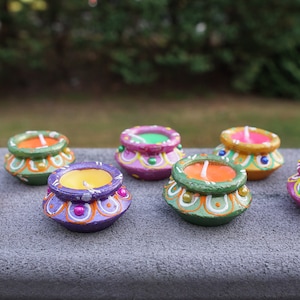 4 PC Hand Painted Clay Diya With Wax | Diwali Handmade Diya, Candle ...