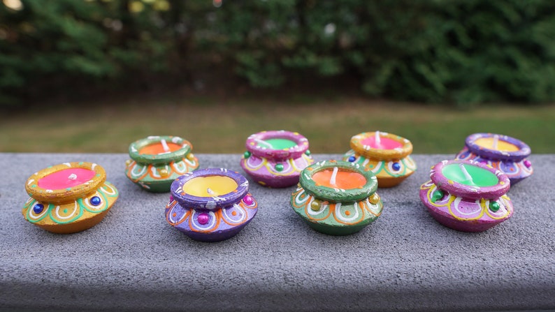4 PC Hand Painted Clay Diya With Wax Diwali Handmade Diya | Etsy