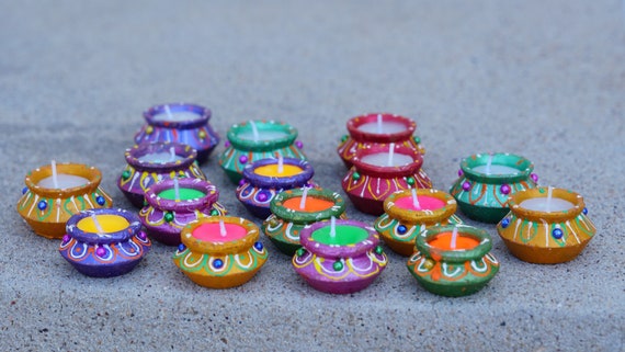 4 PC Hand Painted Clay Diya With Wax Diwali Handmade Diya | Etsy
