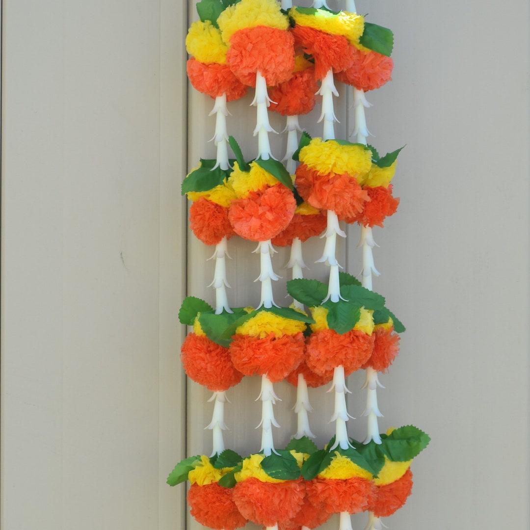 35" Indian Marigold Orange and Yellow Garland With Leaves, Jasmine ...