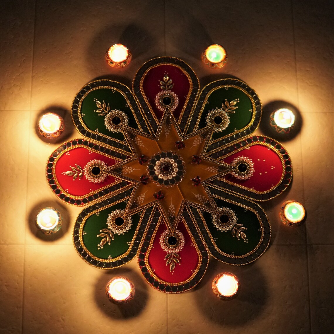 Diwali Rangoli With 8 PC Hand Painted Clay Wax Diya | Diwali Candle ...