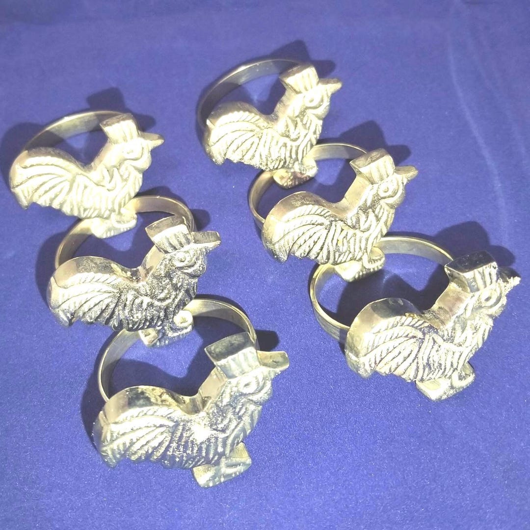 Set of Six Metal Silver Color Rooster Chicken Country Napkin Rings - Etsy