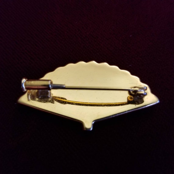 Vintage Damascene Bird Fan Shaped Brooch - Gem