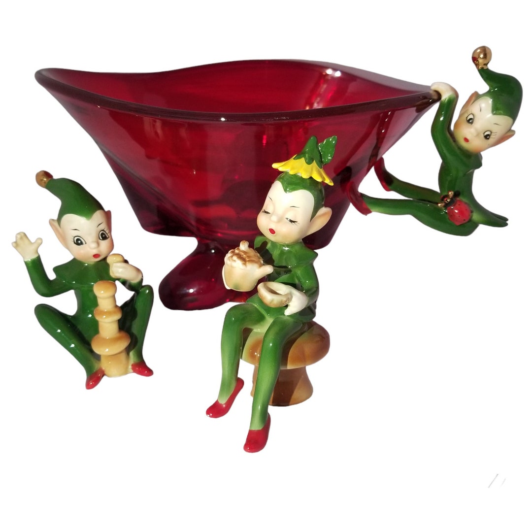 Viking 3 Sided Footed Ruby Red Compote and 3 Josef Originals Pixie Elf ...