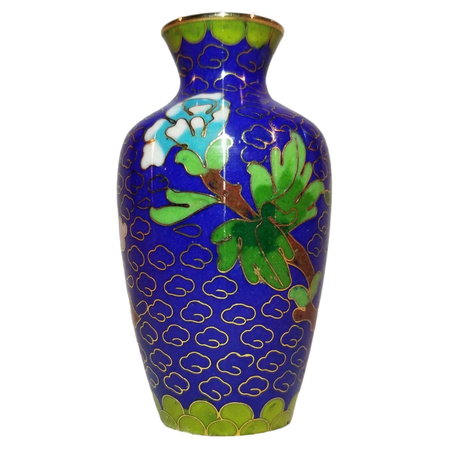 Vintage Cloisonne Miniature Enamel Blue Vase With Flowers Turquoise ...