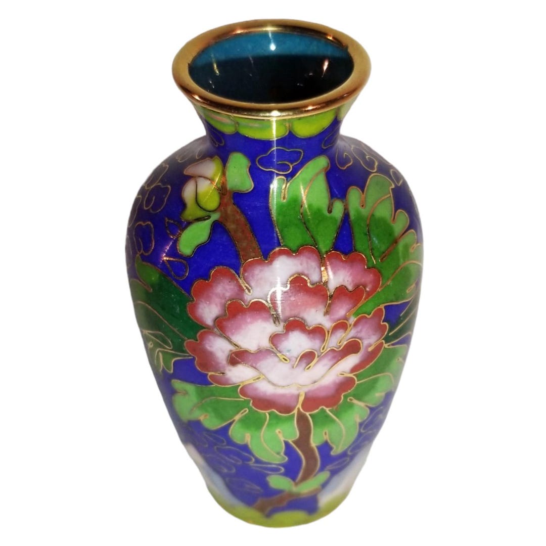 Vintage Cloisonne Miniature Enamel Blue Vase With Flowers Turquoise ...