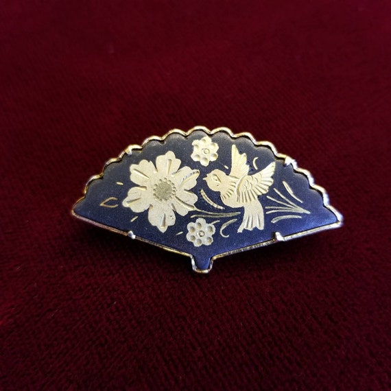 Vintage Damascene Bird Fan Shaped Brooch - Gem