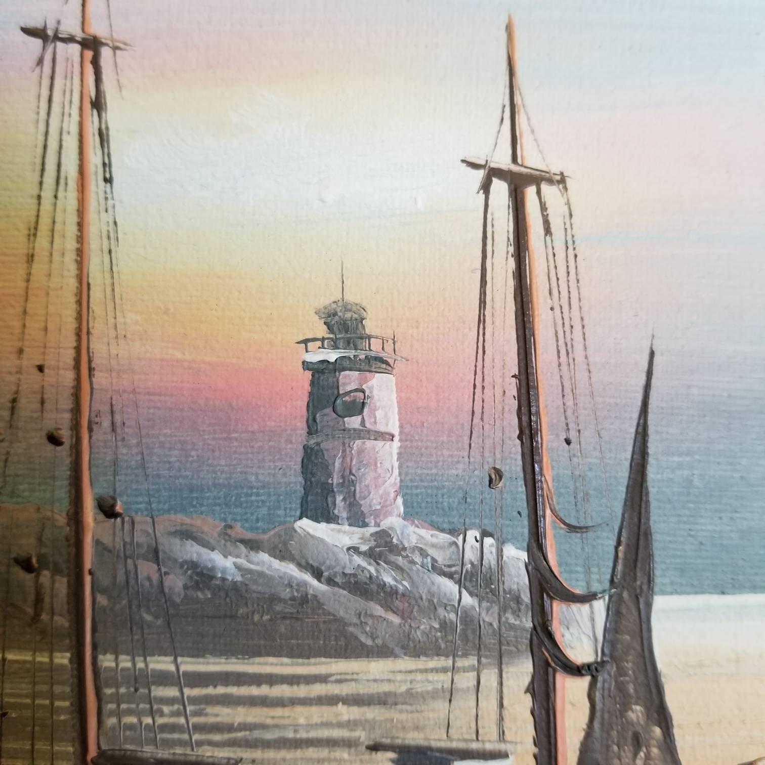 Vintage Max Savy Original Oil Painting of Lighthouse and Sailboats ...