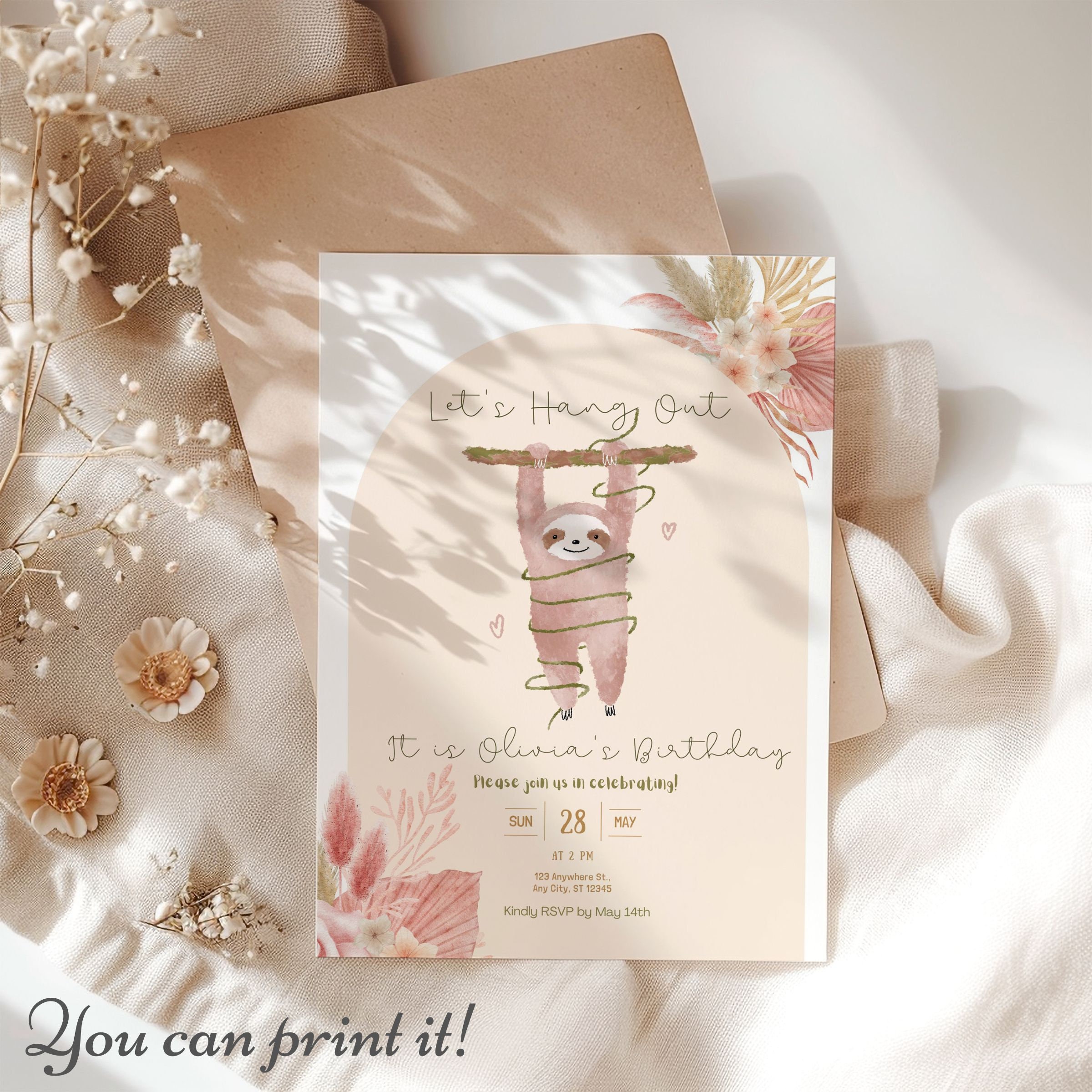 Personalized Sloth Sloth Birthday Party Sloth Birthday Card Rose Gold ...