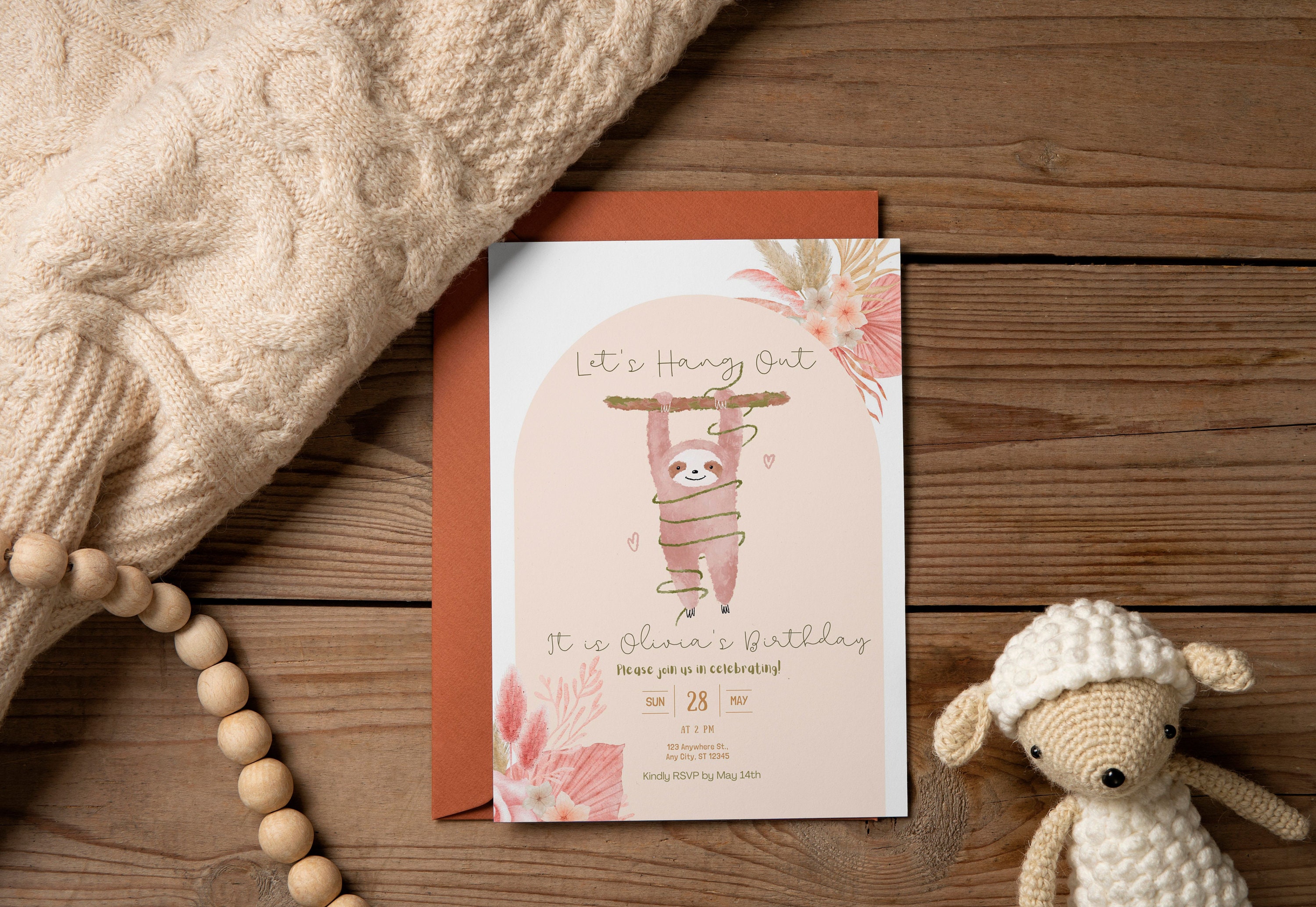 Personalized Sloth Sloth Birthday Party Sloth Birthday Card Rose Gold ...