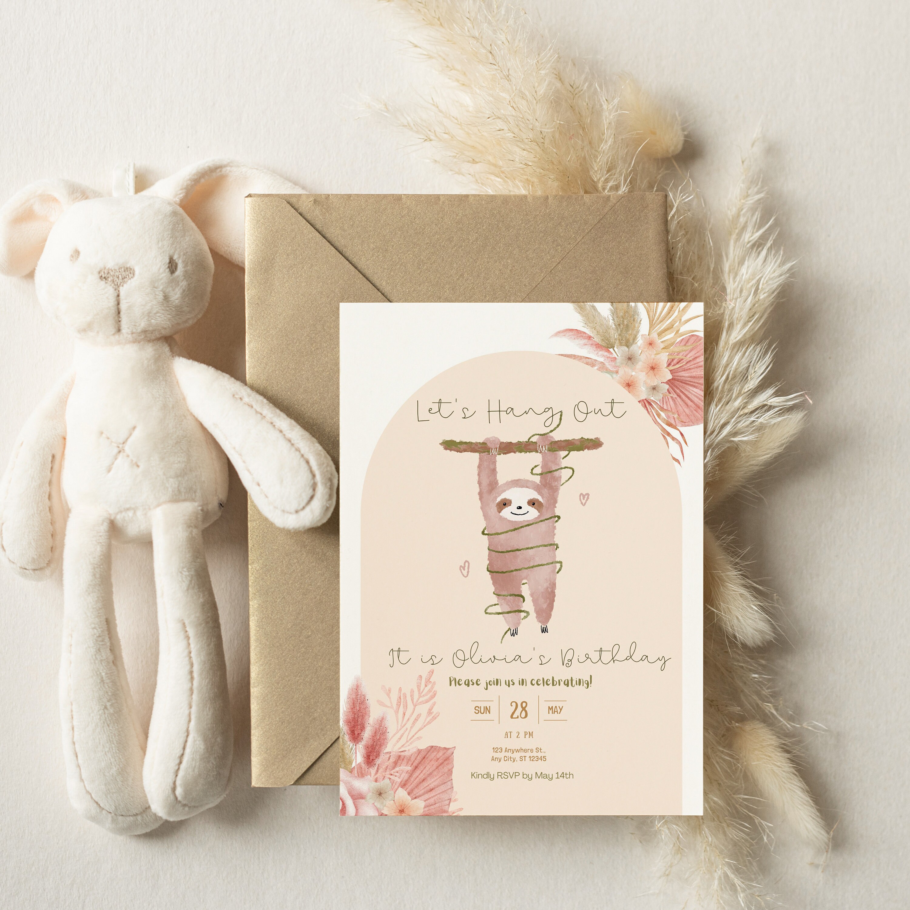 Personalized Sloth Sloth Birthday Party Sloth Birthday Card Rose Gold ...