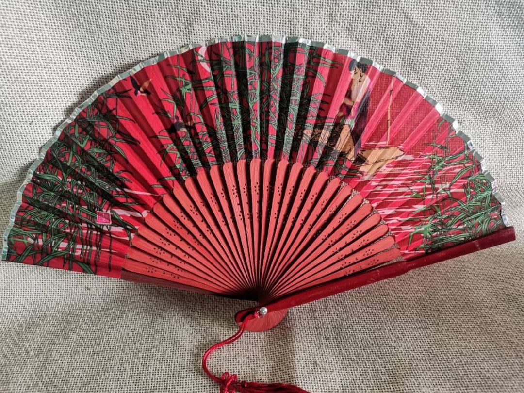 Vintage Red Hand Fan, Fabric and Bamboo Folding Fan, Hand Held Fan ...