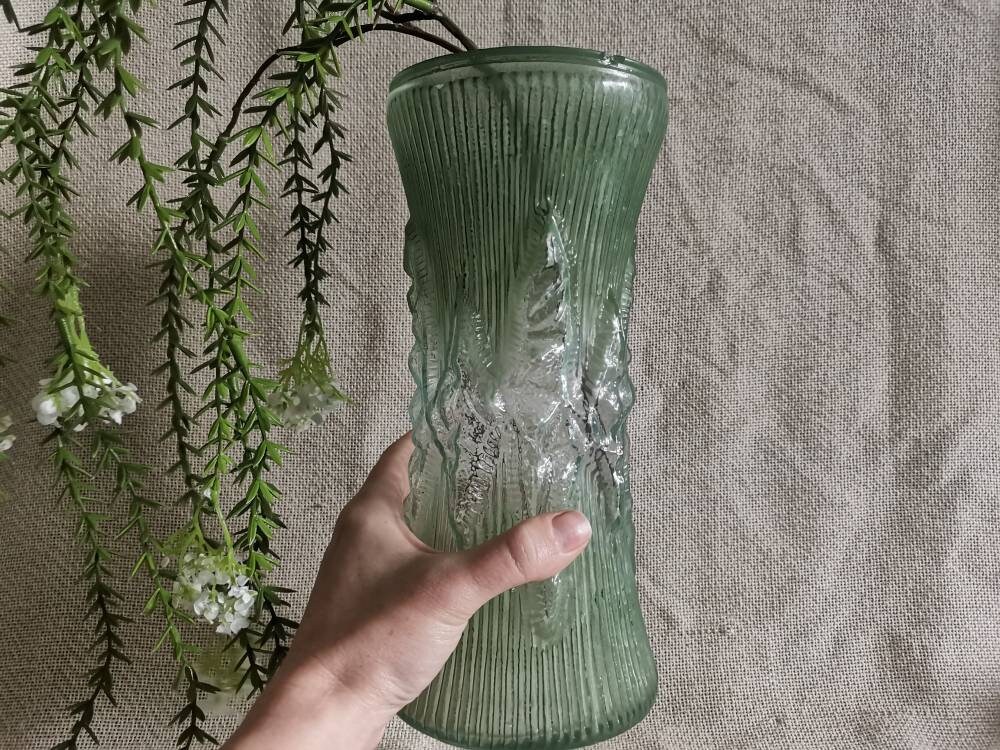 Vintage Large Glass Vase, Tall Green Vase, Wide Mouth Glass Vase, Funky ...