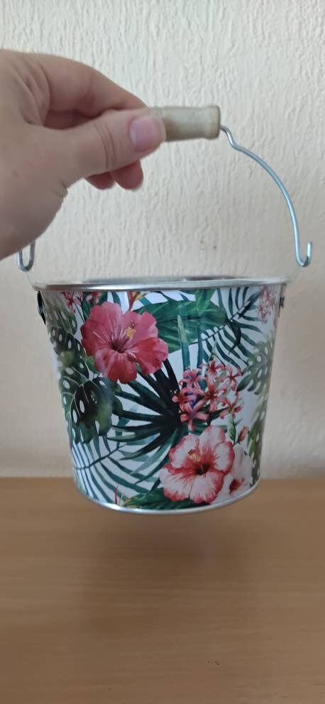 Hanging Bucket for Flowers With Flower Motif Metal Bucket | Etsy