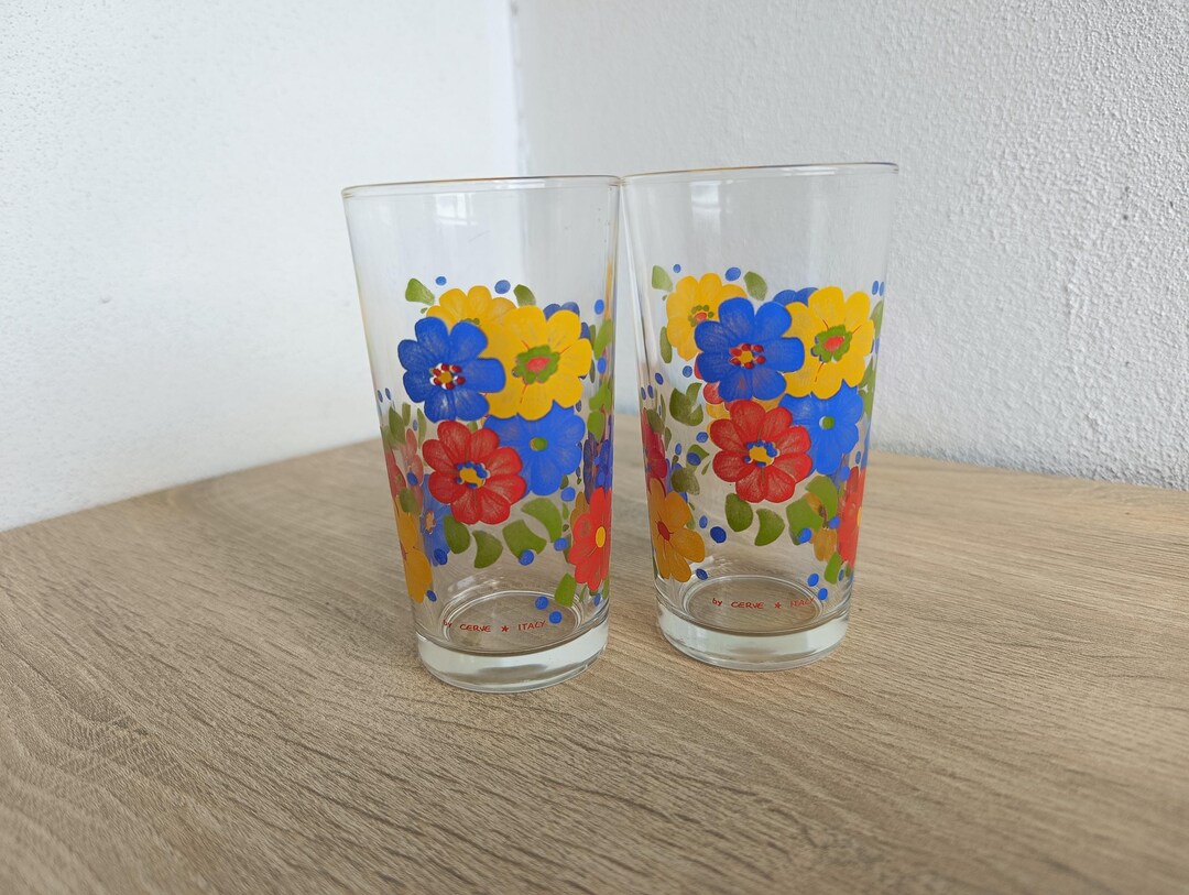 Vintage Cerve Italy Highball Glasses - Set of 2 Floral Tumblers ...